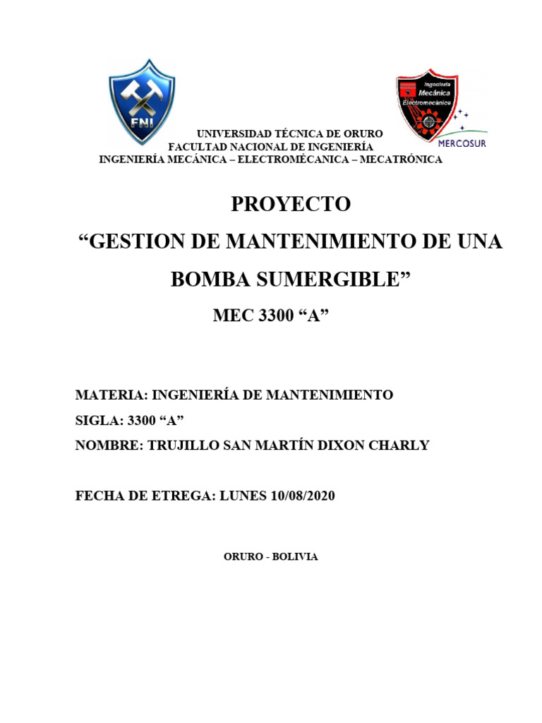 Proyecto Ingenieria de Mantenimiento | PDF | Bomba | Ingeniería