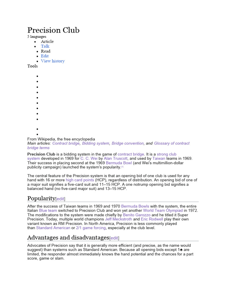Overview of Precision Club Bidding System | PDF | Contract Bridge