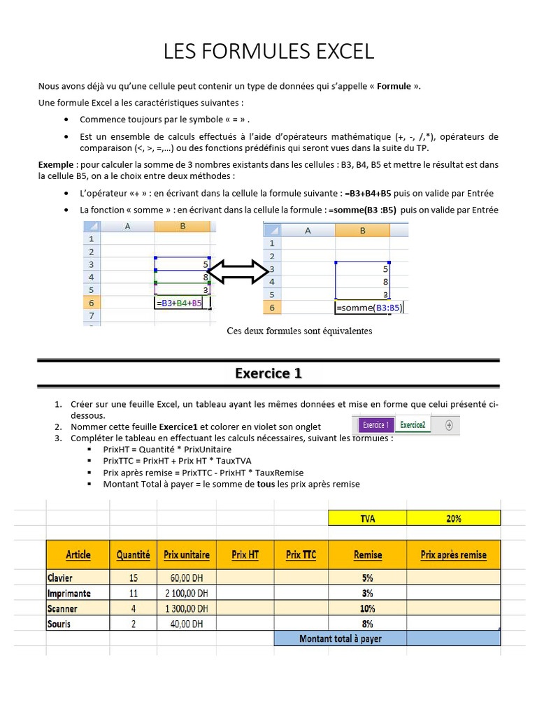 Formules et Exercices Excel Pratiques | PDF | Microsoft Excel | Feuille ...