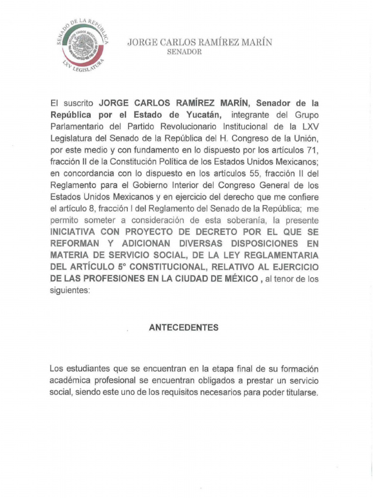 Ini PRI Sen Marin Ref Adic Ley Reglamentaria Del Art 5 Constitucional ...