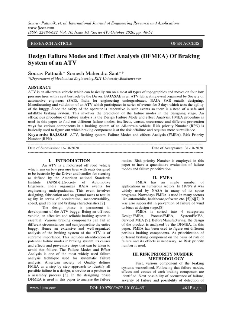 Design Failure Modes and Effect Analysis (DFMEA) of Braking System of ...