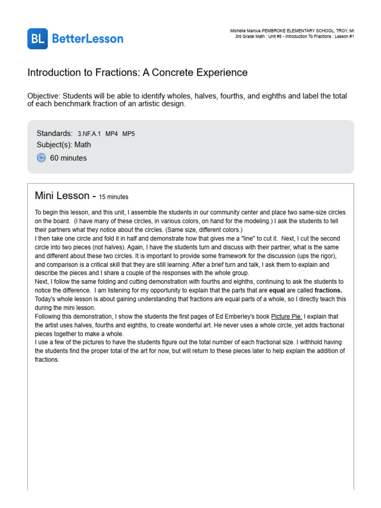 Betterlesson - Introduction To Fractions A Concrete Experience | PDF ...