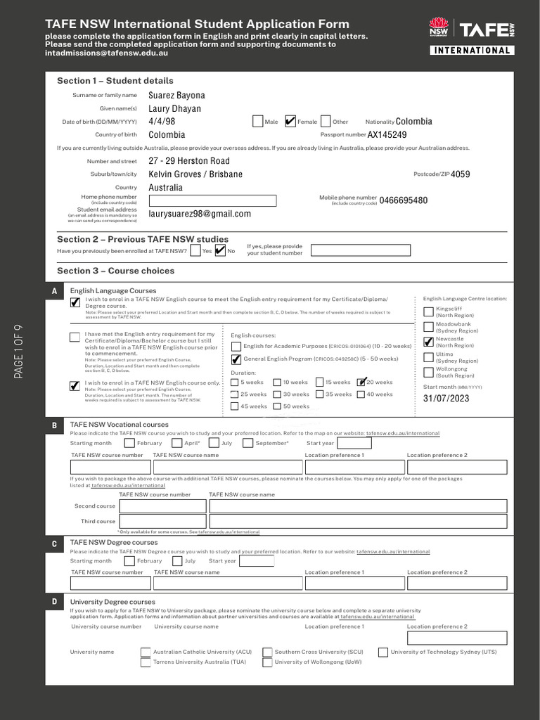 TAFE NSW International Student Application Form | PDF | Vocational ...