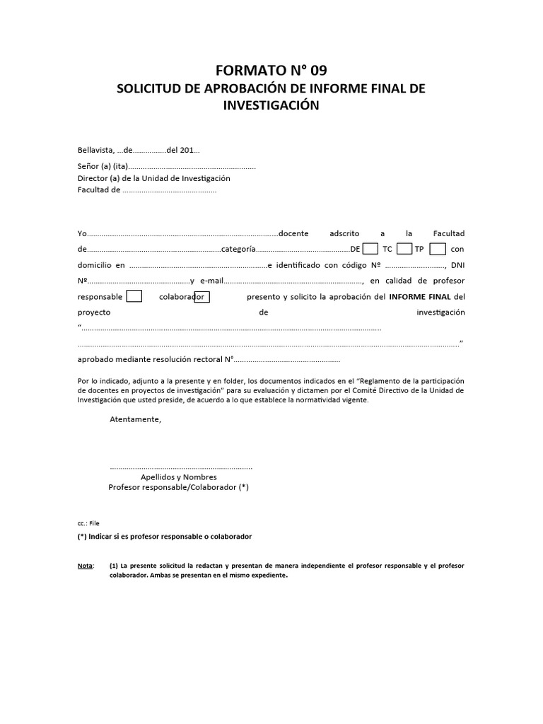 FORMATO N 09 Solicitud de Aprobacin Informe Final | PDF