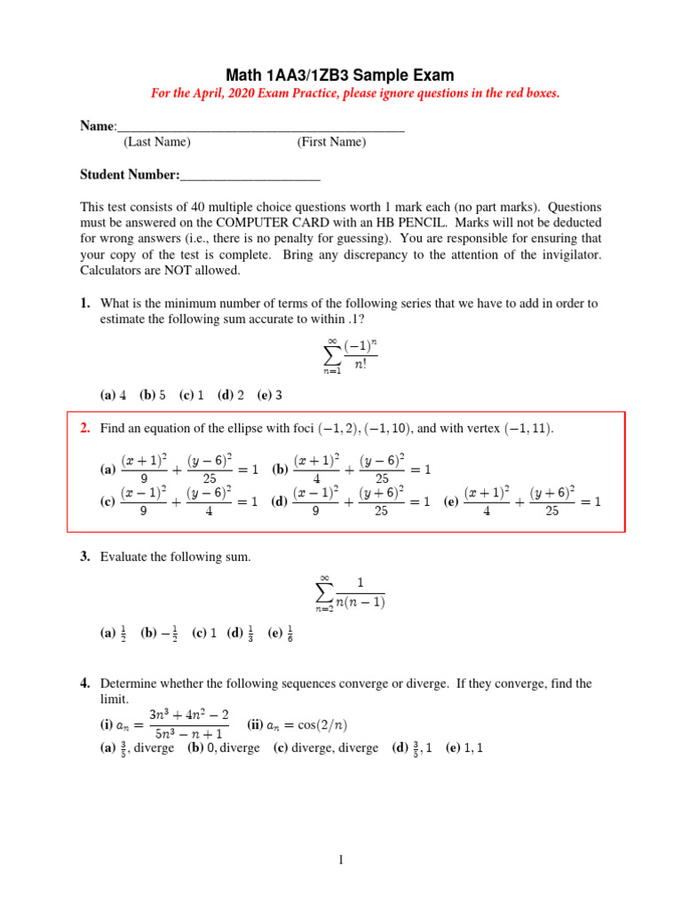 Sample Exam2020 | PDF | Limit (Mathematics) | Mathematical Concepts