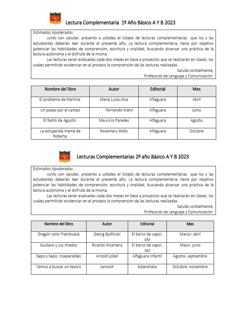 LECTURAS COMPLEMENTARIAS 1° A 8° BASICO 2023 | PDF | Escritura | Escritores