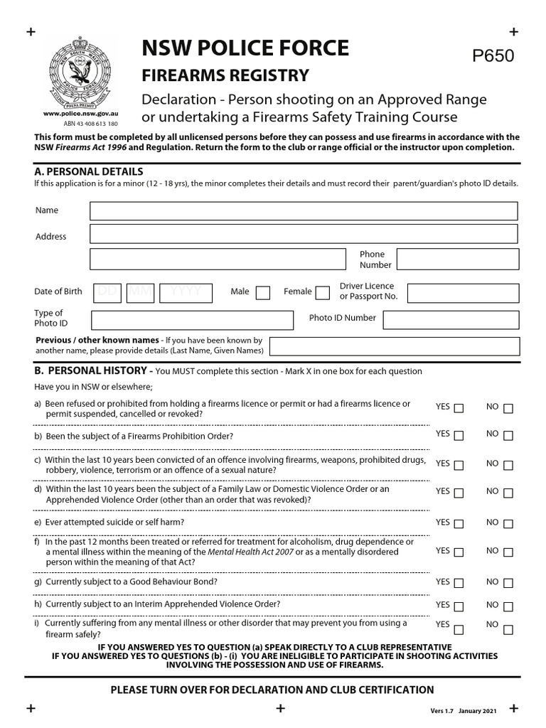 P650 Firearms Declaration Form NSW | PDF | Mental Disorder | Justice