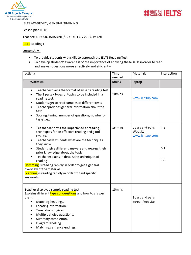 IELTS Reading and Writing Lesson Plans | PDF | International English ...