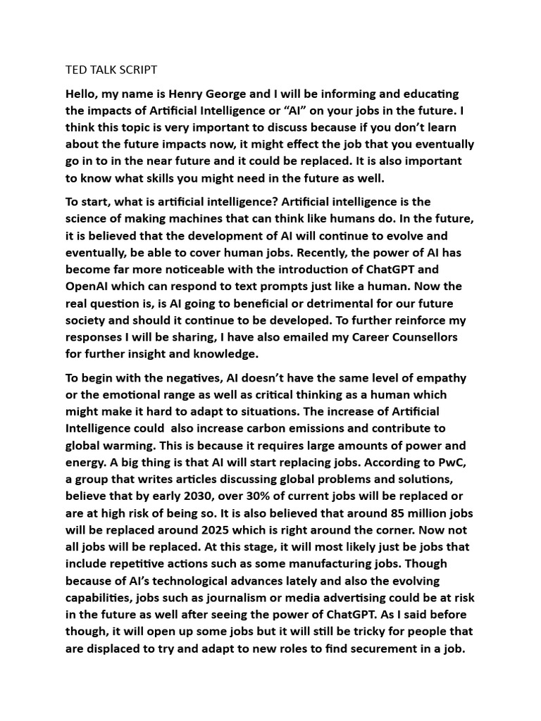 Ted Talk Script | PDF | Artificial Intelligence | Intelligence (AI) & Semantics
