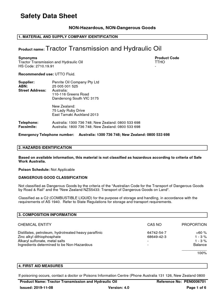 Tractor Transmission & Hydraulic Oil SDS | PDF | Personal Protective ...