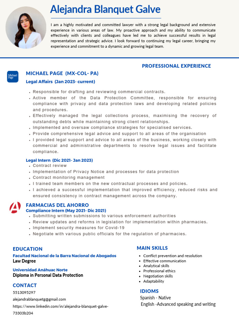 Resume - Alejandra Blanquet | PDF | Information Privacy | Regulatory Compliance