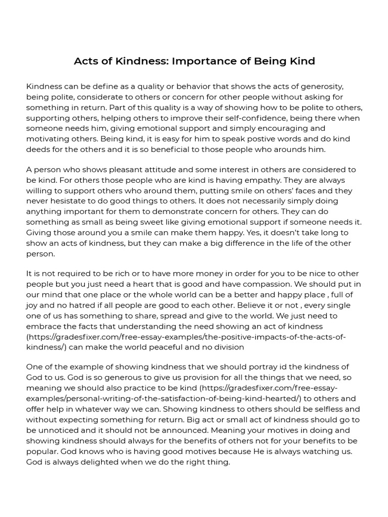 Acts of Kindness - Importance of Being Kind - (Essay Example), 791 Words GradesFixer | PDF ...