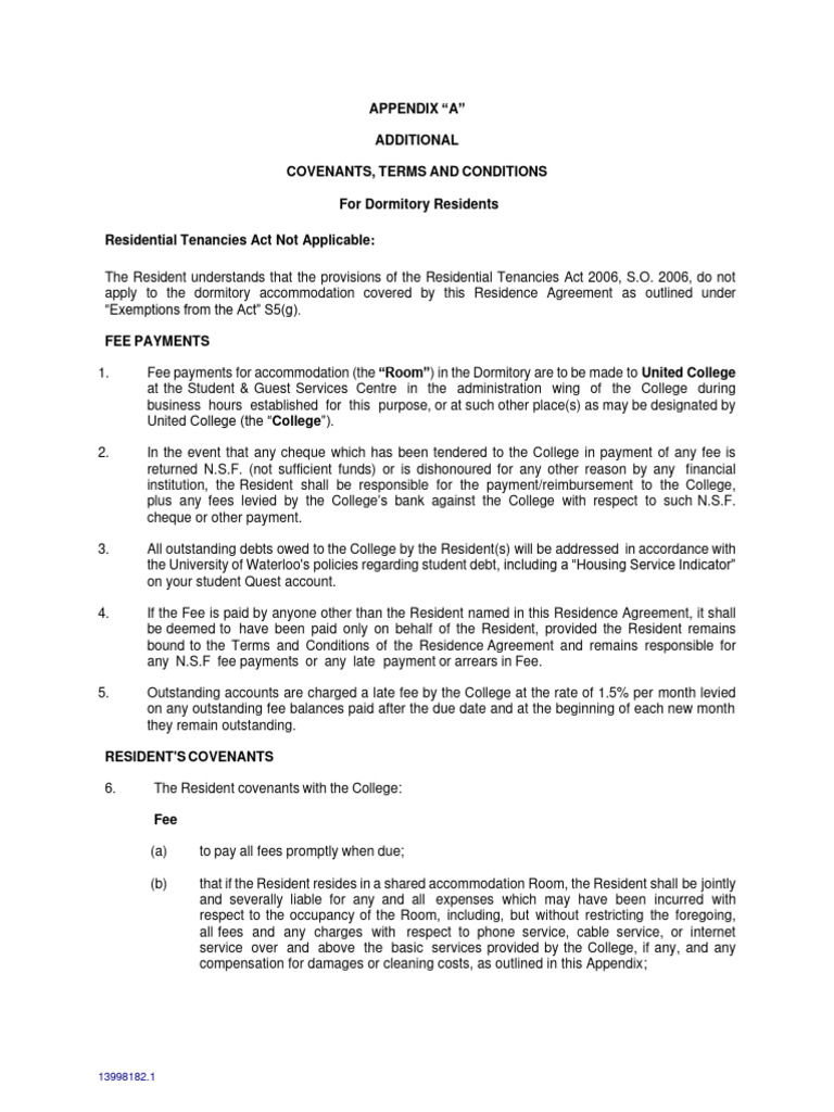 Appendix A For Dormitory Agreement Covenants Terms and Conditions 2022 ...