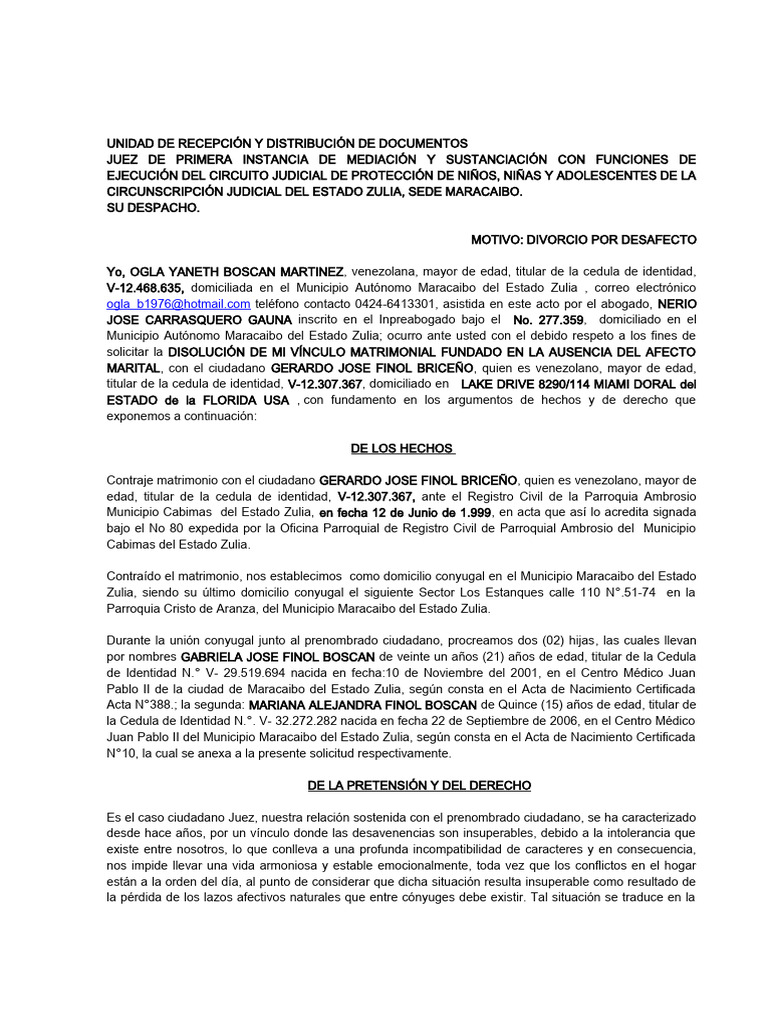 DEMANDA DIVORCIO DESAFECTO Luis y Yaritza Parra | PDF | Matrimonio ...