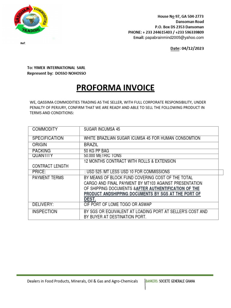 QASSIMA Proforma Invoice Sugar-1 | PDF | Sugarcane | Economies