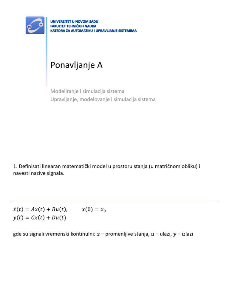 Ponavljanje A: Modeliranje I Simulacija Sistema Upravljanje ...