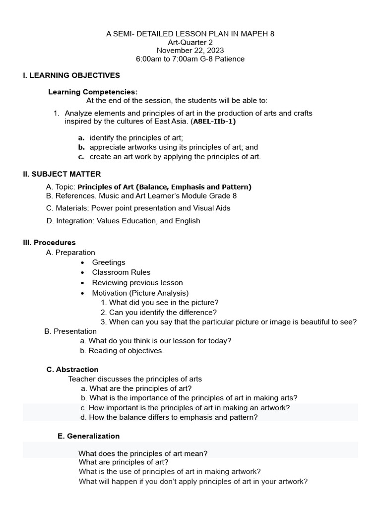 MAPEH 8 Art Lesson Plan: Principles of Art | PDF | Lesson Plan | Learning