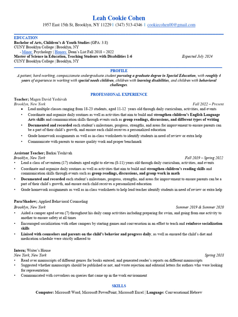 Leah Cookie Cohen Resume 2023 | PDF | Teachers | Special Education