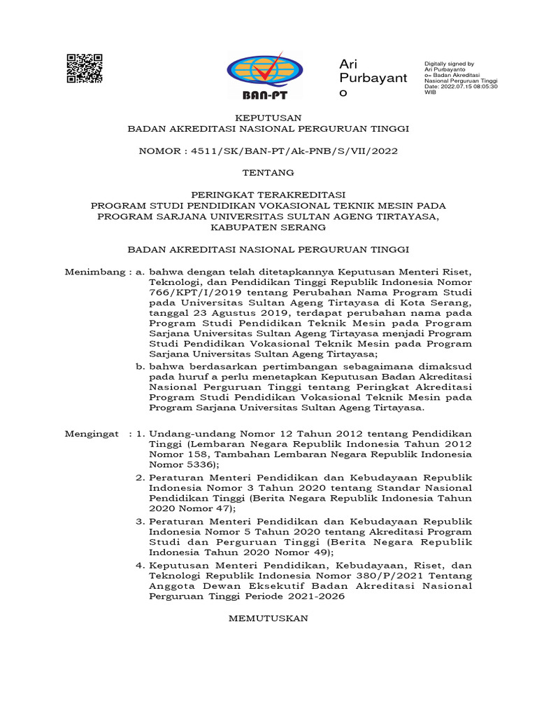 SK Sertifikat Akreditasi PVTM Nomenklatur Baru 2022 | PDF