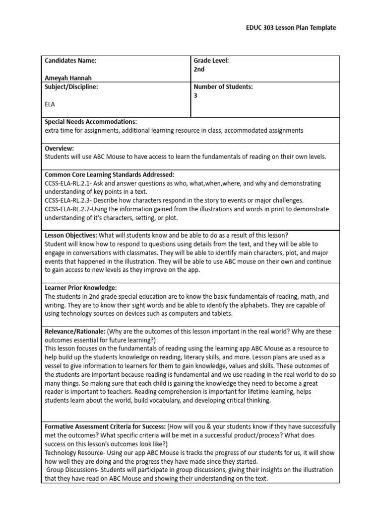 Educ 303 Lesson Plan | PDF | Reading Comprehension | Lesson Plan
