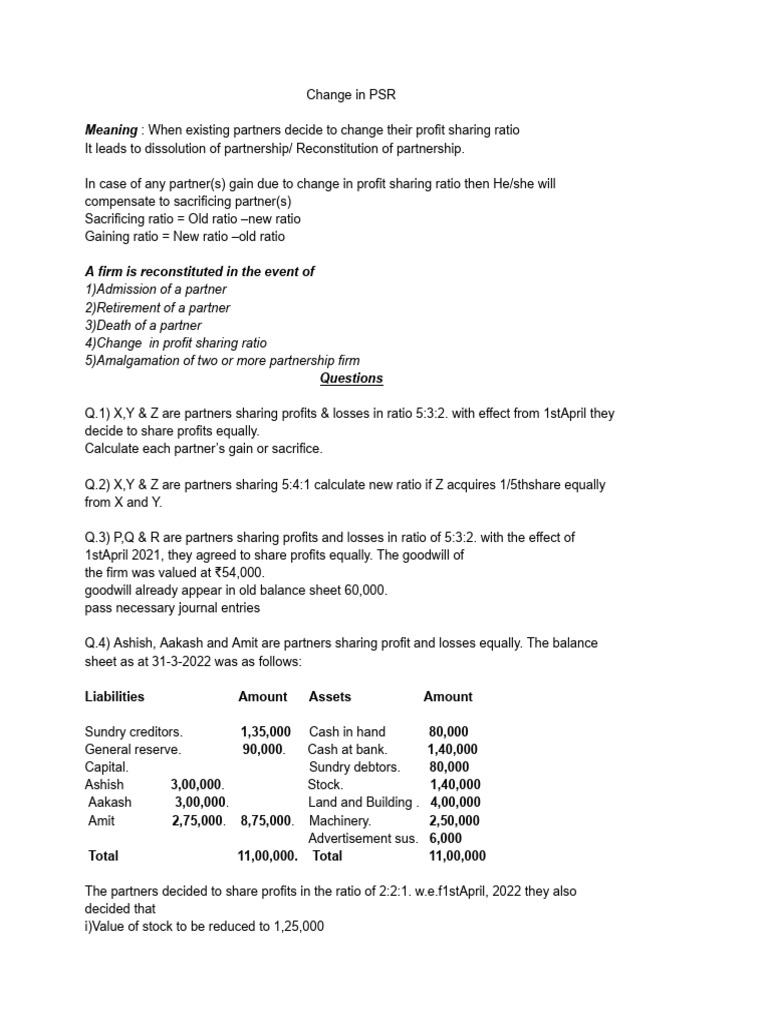 Change in Profit Sharing Ratio Questions | PDF | Book Value | Balance Sheet
