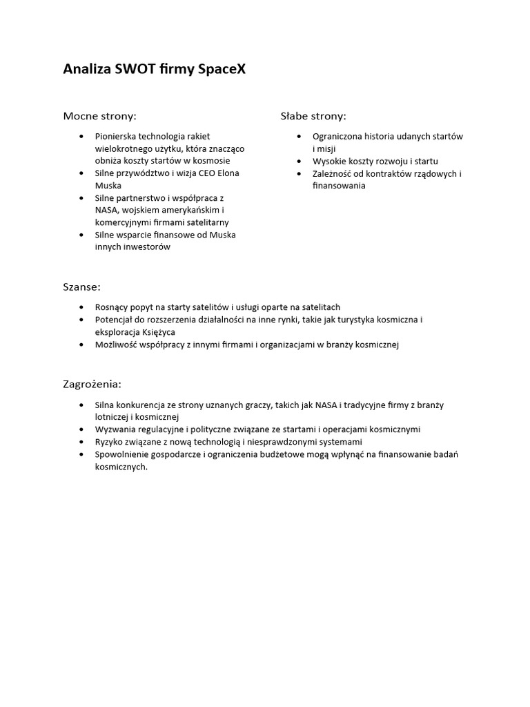 Analiza SWOT Firmy SpaceX | PDF