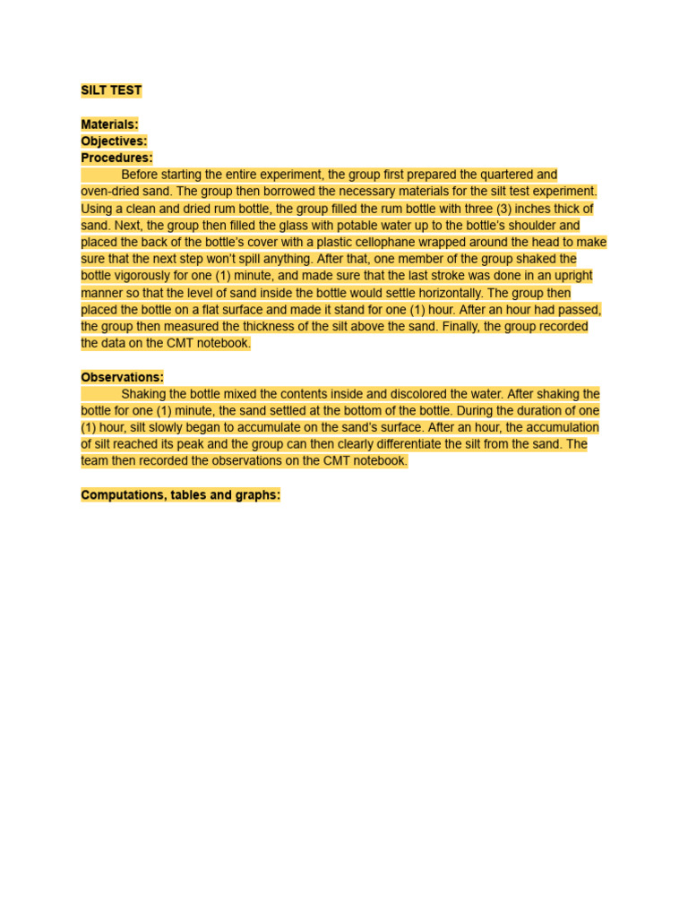 Silt Test Materials: Objectives: Procedures | PDF | Density | Concrete