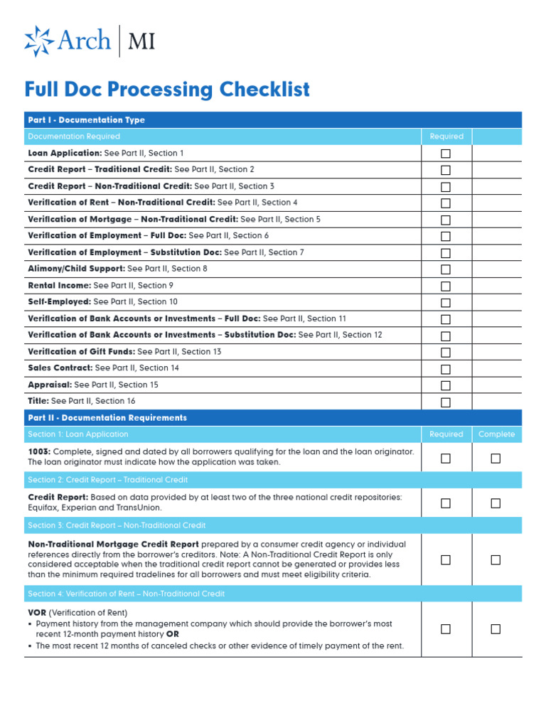 MCUS B0034 Full Doc Processing Checklist NR | PDF | Credit History | Credit