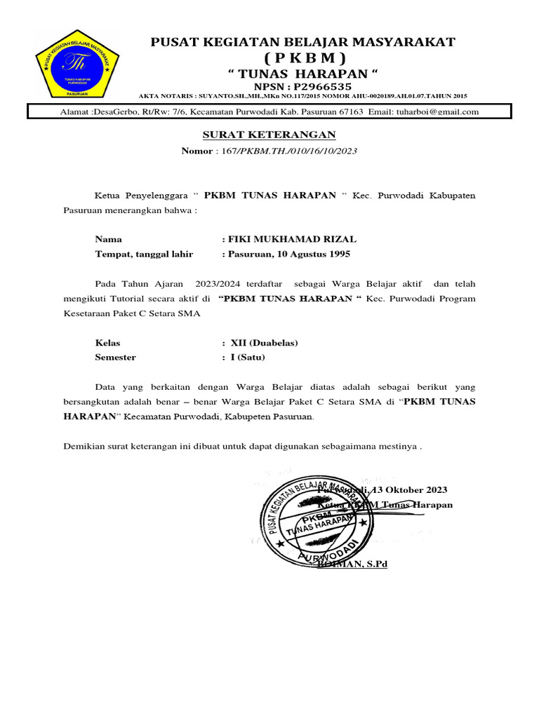 Surat Keterangan Aktif Paket C 3 | PDF