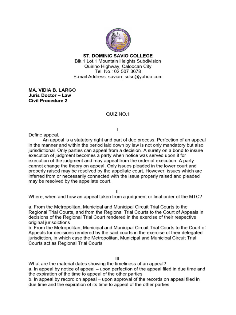 MA. VIDIA LARGO - Quiz On Civil Procedure | PDF | Appeal | Judgment (Law)