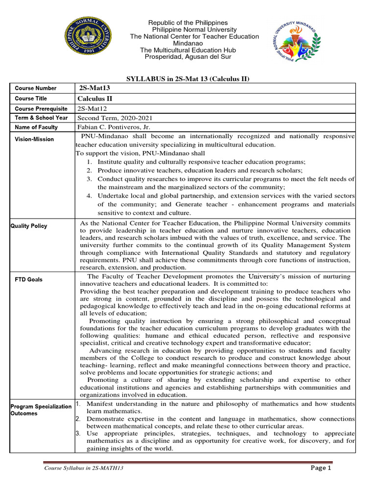 Syllabus 2S-Math13 | PDF | Integral | Mathematics