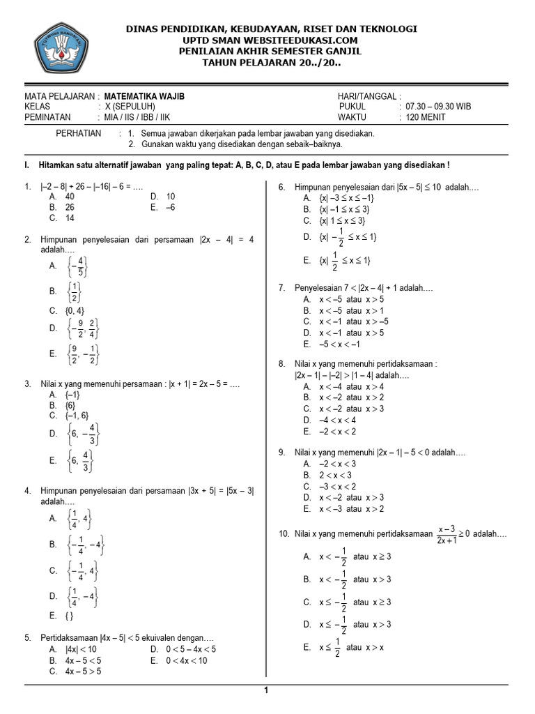 Soal Pas Matematika Wajib Kelas X k13 | PDF