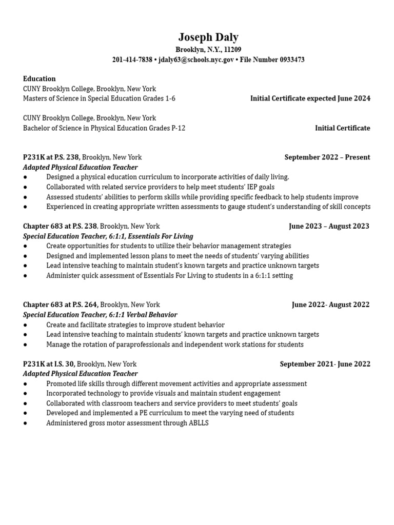 Joseph Daly Resume Final | PDF | Teachers | Physical Education