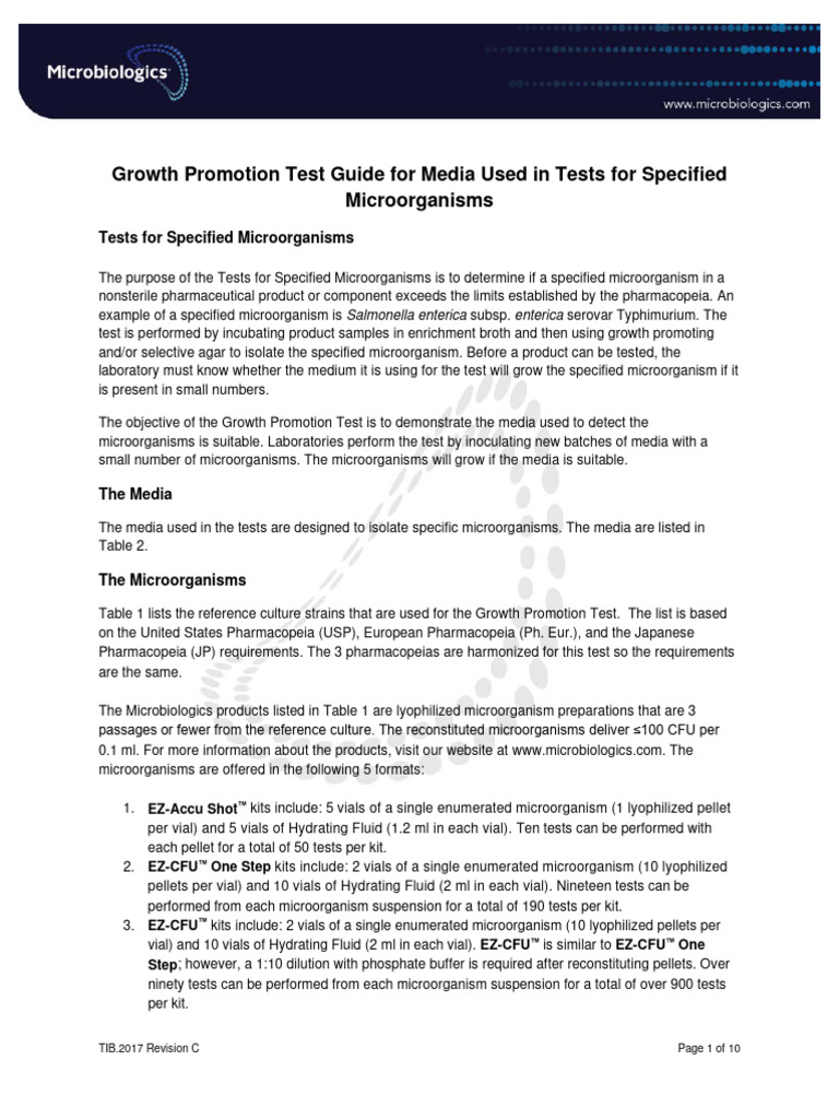Growth Promotion Test Guide For Specified Microorganisms | PDF | Growth ...