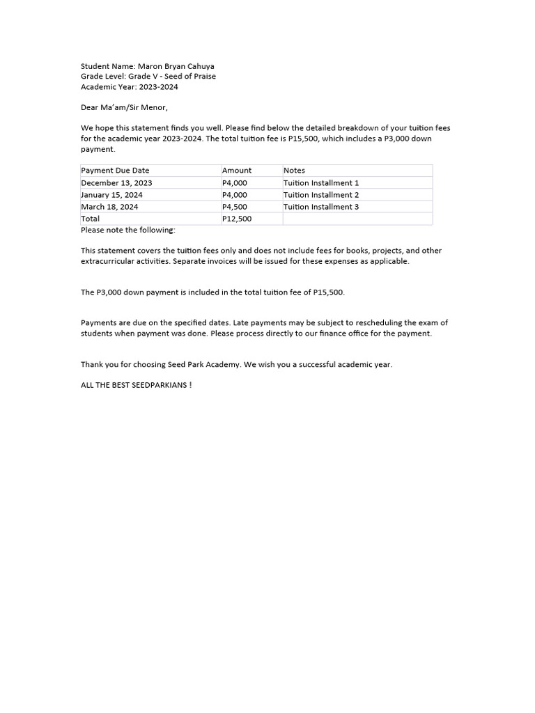 School Tuition Statement 2023-2024 | PDF