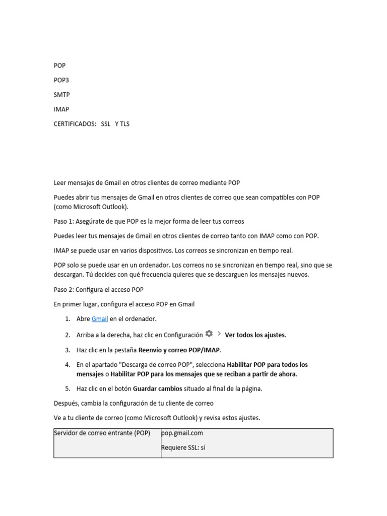 Configura Gmail con POP y SMTP | PDF | Gmail | Transport Layer Security