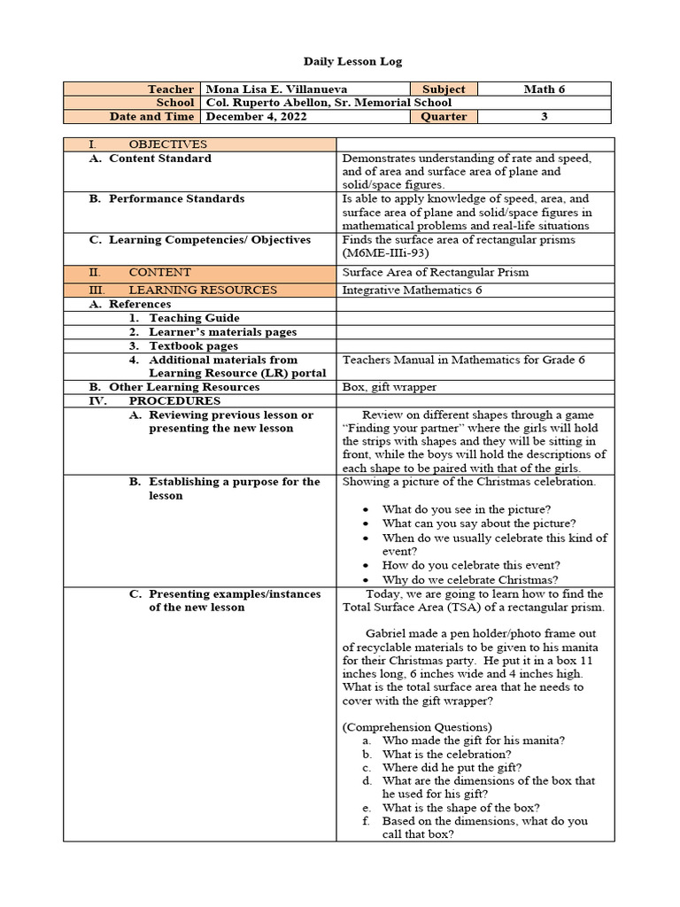 Finding TSA of Rectangular Prism | PDF | Learning | Area