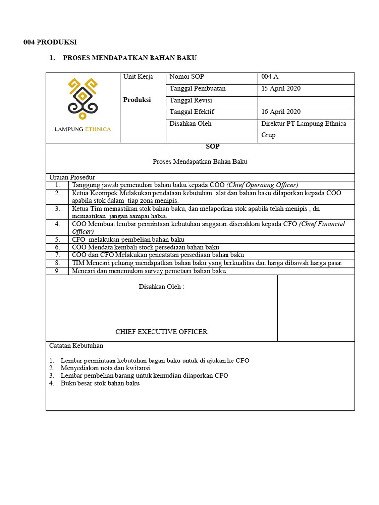 SOP Produksi Bahan Baku Selempang | PDF