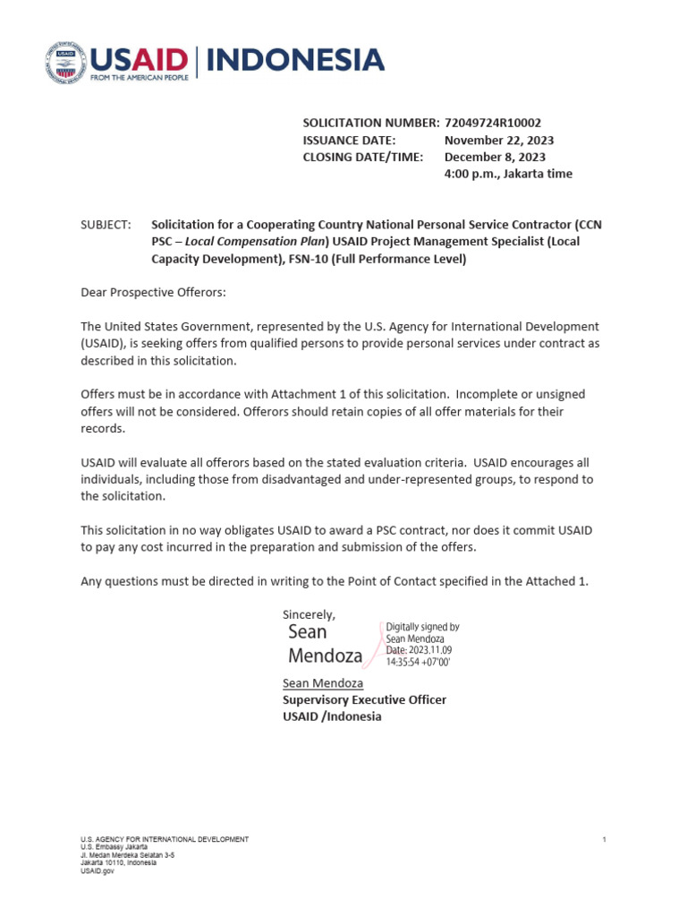 Solicitation 72049724R10002 USAID Project Management Specialist (Local Capacity Development), FS ...