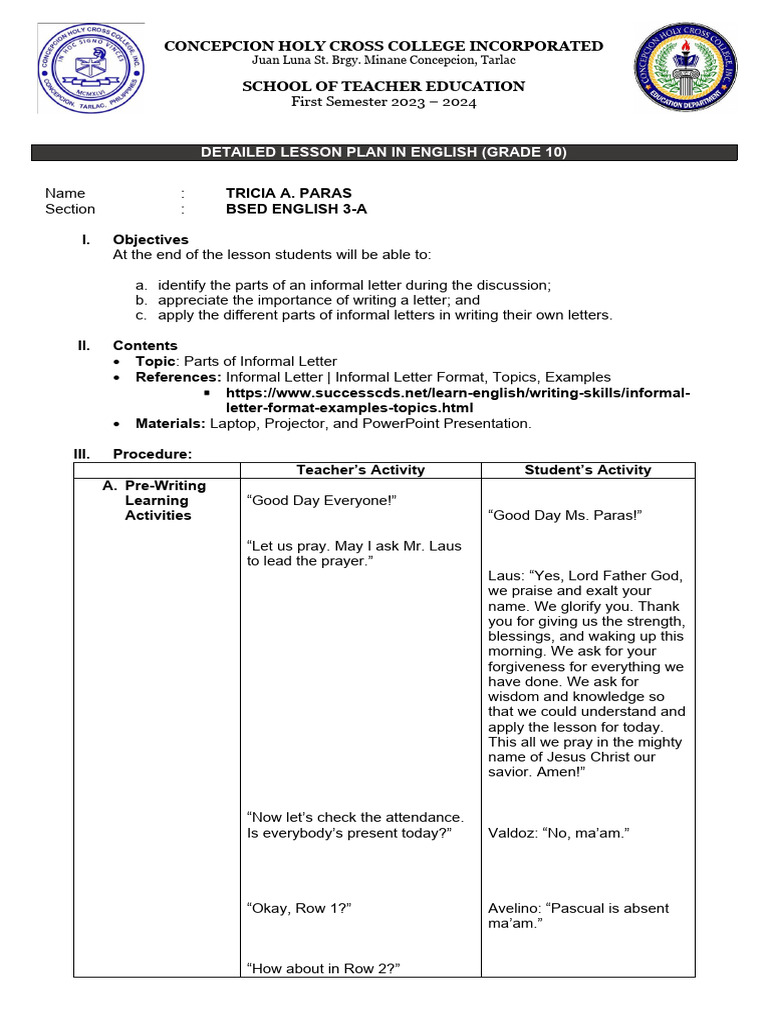 Detailed Lesson Plan in Writing Template | PDF