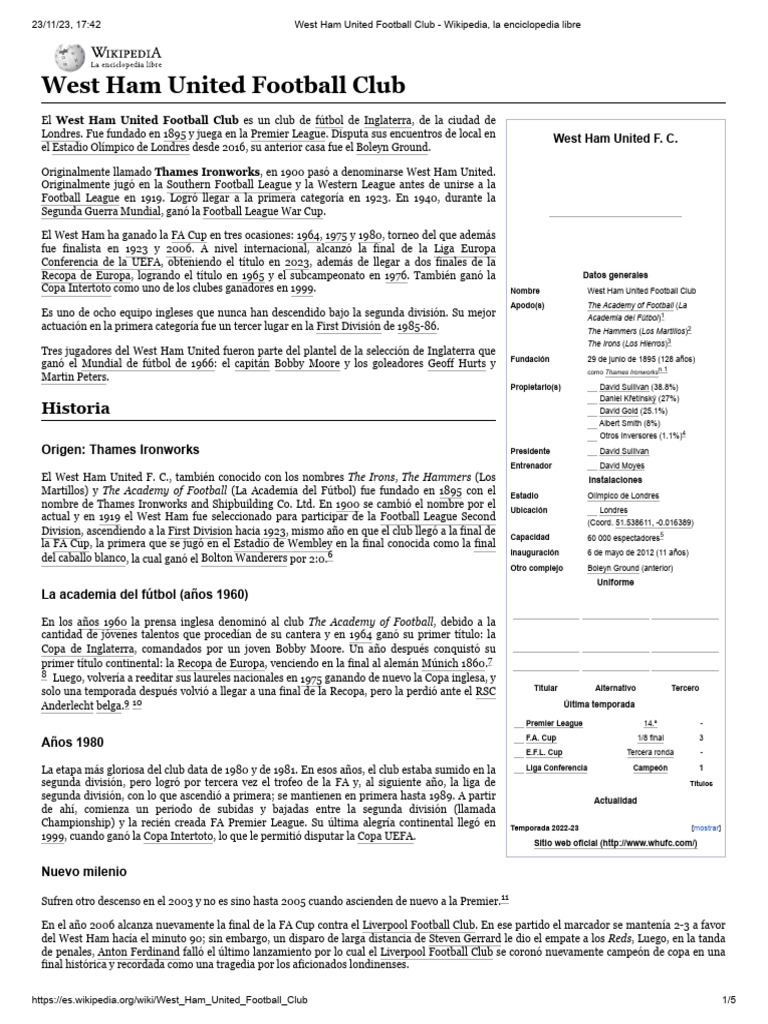 West Ham United Football Club - Wikipedia, La Enciclopedia Libre | PDF ...