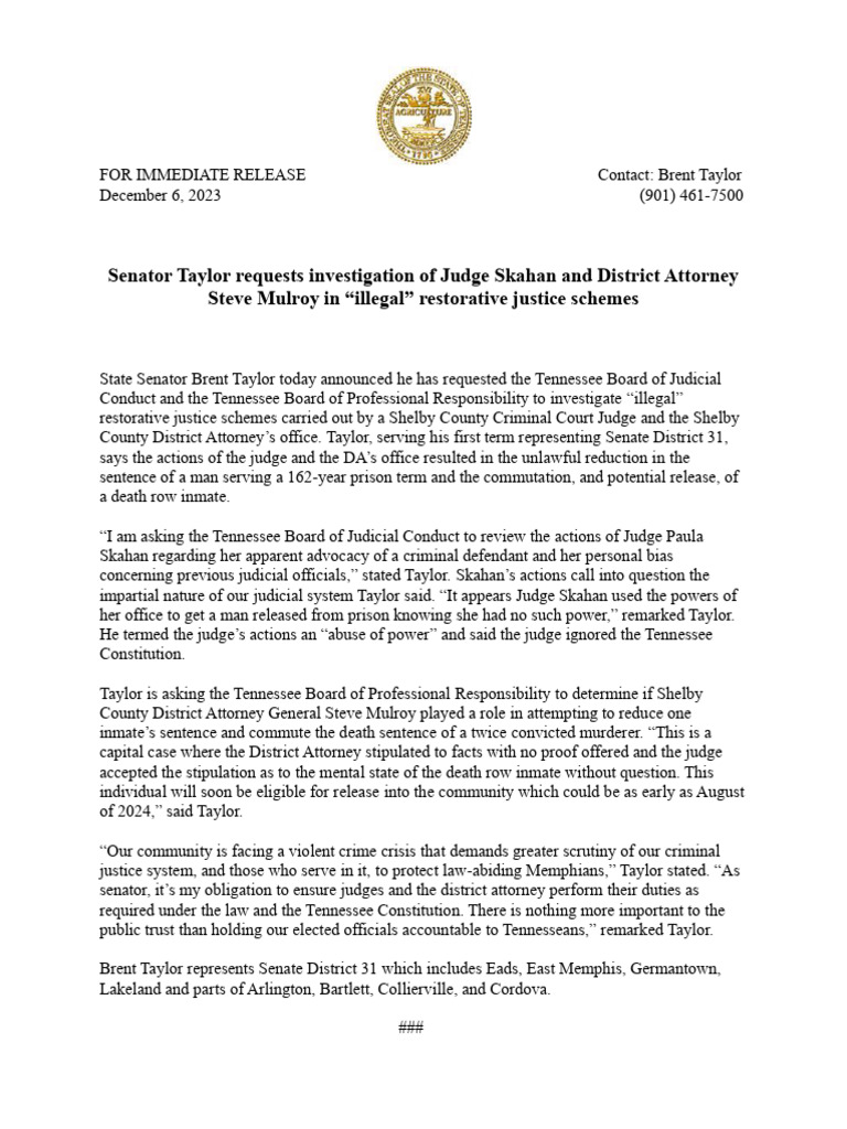 Tennessee Senator Calls For Investigation Into Shelby Co. DA, Judge ...