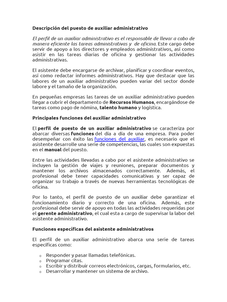 Descripción Del Puesto de Auxiliar Administrativo | Descargar gratis PDF | Gestión de recursos ...