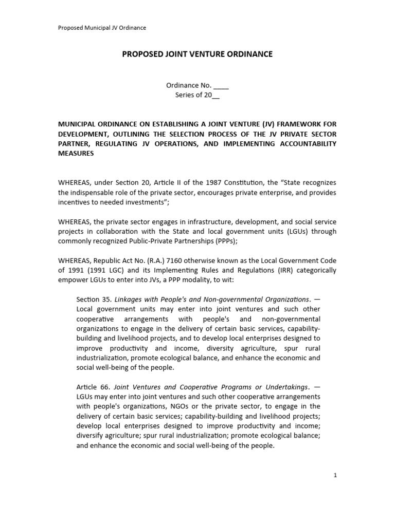 JV-Ordinance Template | PDF | Joint Venture | Public–Private Partnership