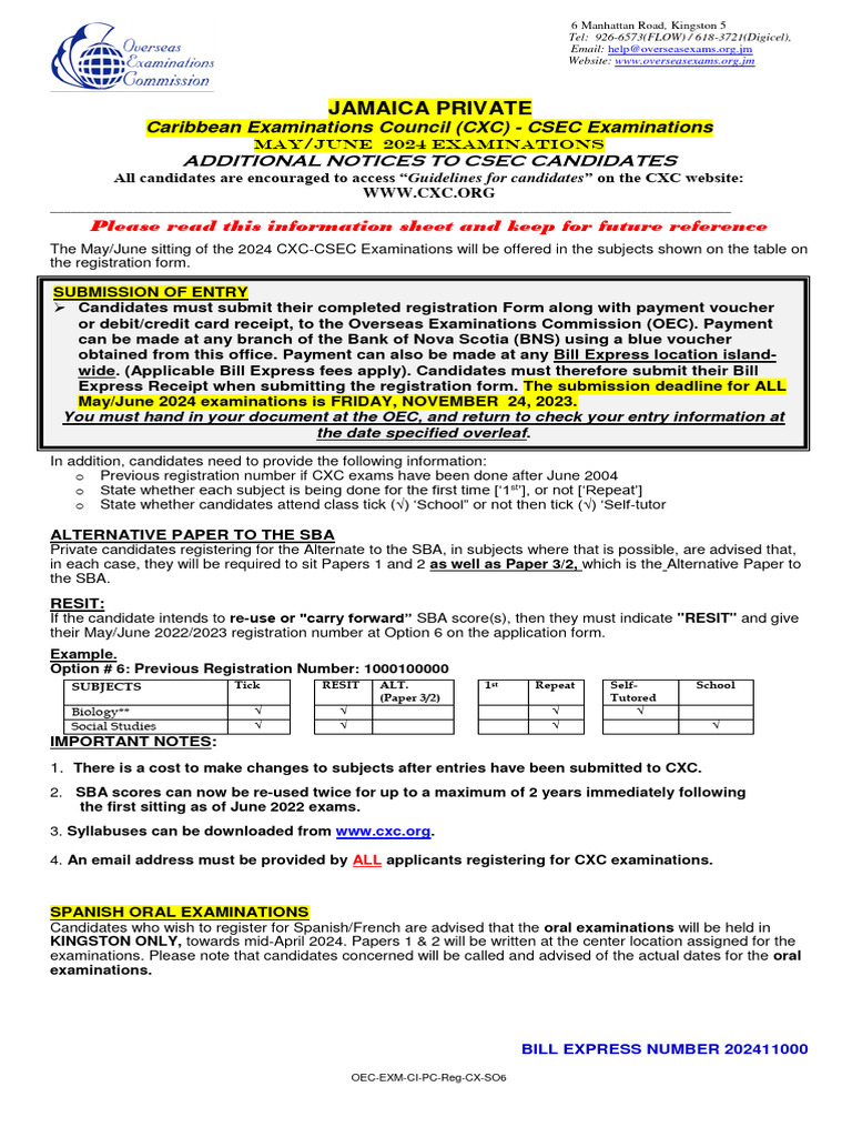 CSEC May June 2024 Entry Form | PDF