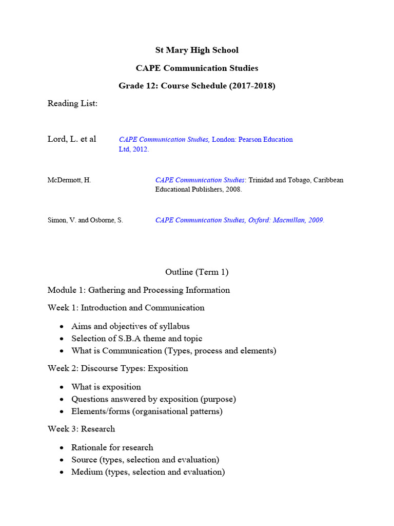 CAPE Communication Studies Course Outline | PDF | Fluency | Communication