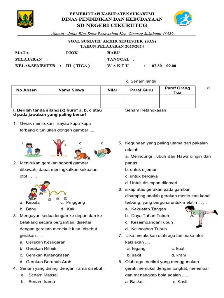FORMAT F4 SOAL SAS PJOK Kls 3 Fixx Print | PDF