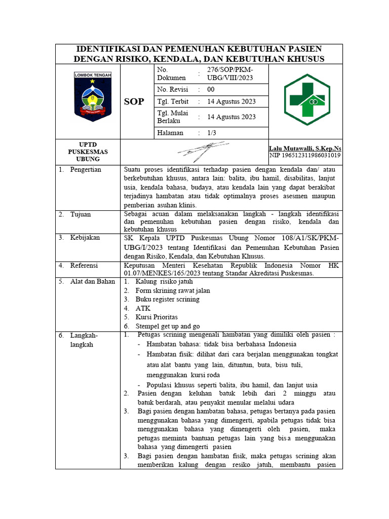 SOP Identifikasi Dan Pemenuhan Pasien Dengan Risiko, Kendala Dan Kebutuhan Khusus | PDF