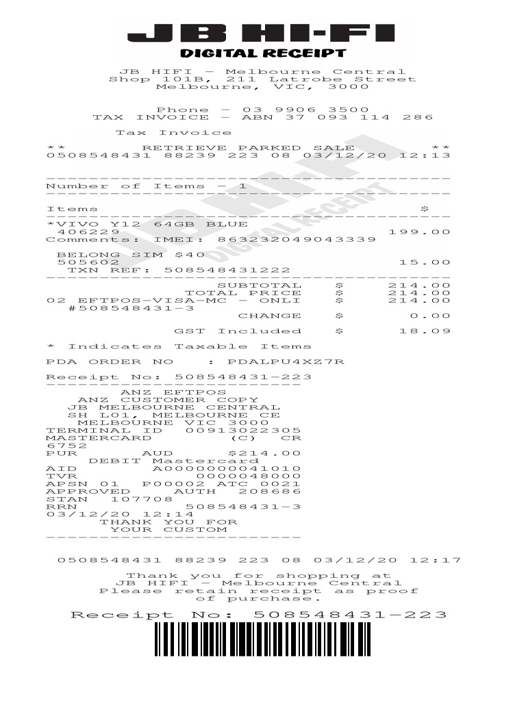JBHiFi Receipt Jyfkpkt | PDF