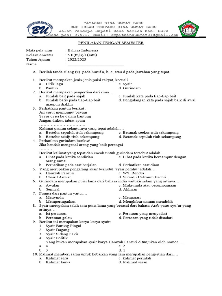 Soal Bindo Kelas 7 PTS Semester 1 | PDF